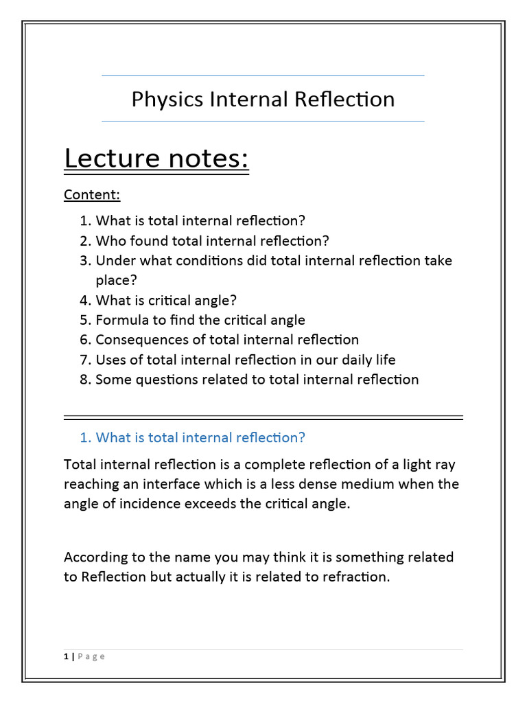 Lecture Notes of Total Internal Reflection | PDF | Reflection (Physics ... Lecture Notes of Total Internal Reflection | PDF | Reflection (Physics ...