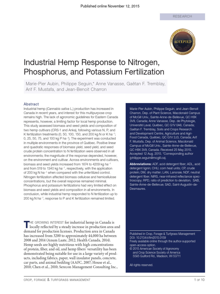 Industrial Hemp Response To Nitrogen, Phosphorus, and Potassium ...