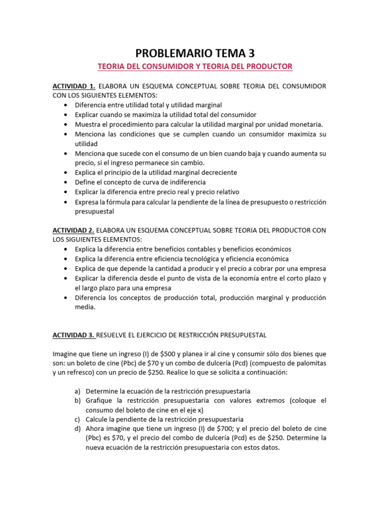 Problemario TEMA 3 | PDF | Utilidad | Utilidad marginal