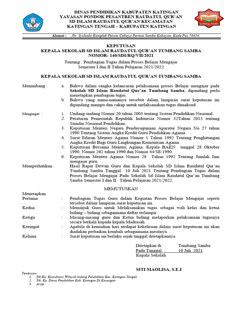 Sk Pembagian Tugas 2021 | PDF