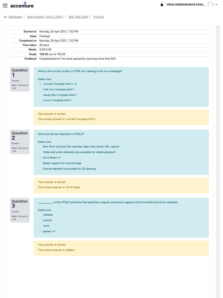 XML & JSON Pre-Quiz Results | PDF | Html5 | Json