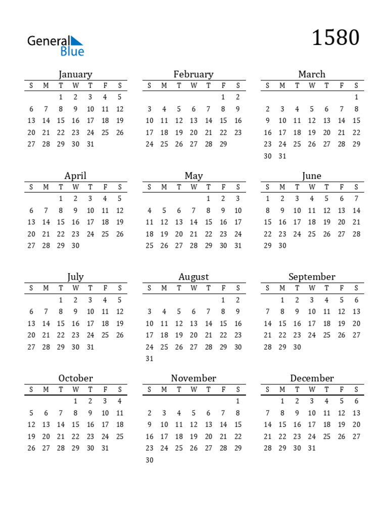 1580 Calendar Printable Classic Portrait Sunday Start | PDF