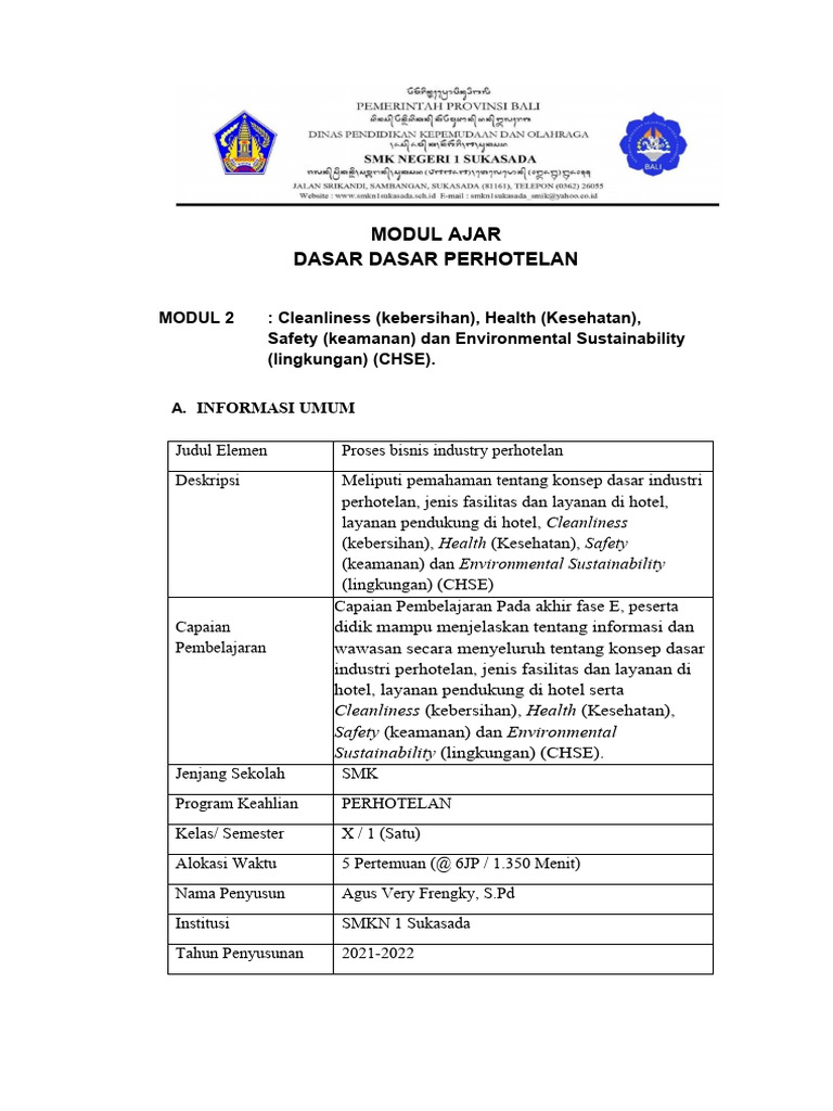 Modul Ajar Dasar-Dasar Perhotelan Modul 2 Dasar Dasar Perhotelan, Chse | PDF | Karier & Perkembangan
