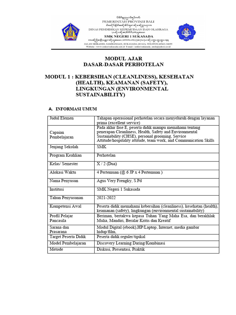 Modul Ajar Dasar-Dasar Perhotelan Modul 1 Chse SMST 2 | PDF