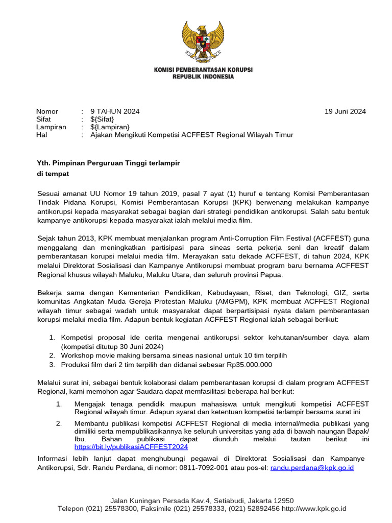 Surat Kolaborasi ACFFEST Regional Timur - Kampus | PDF