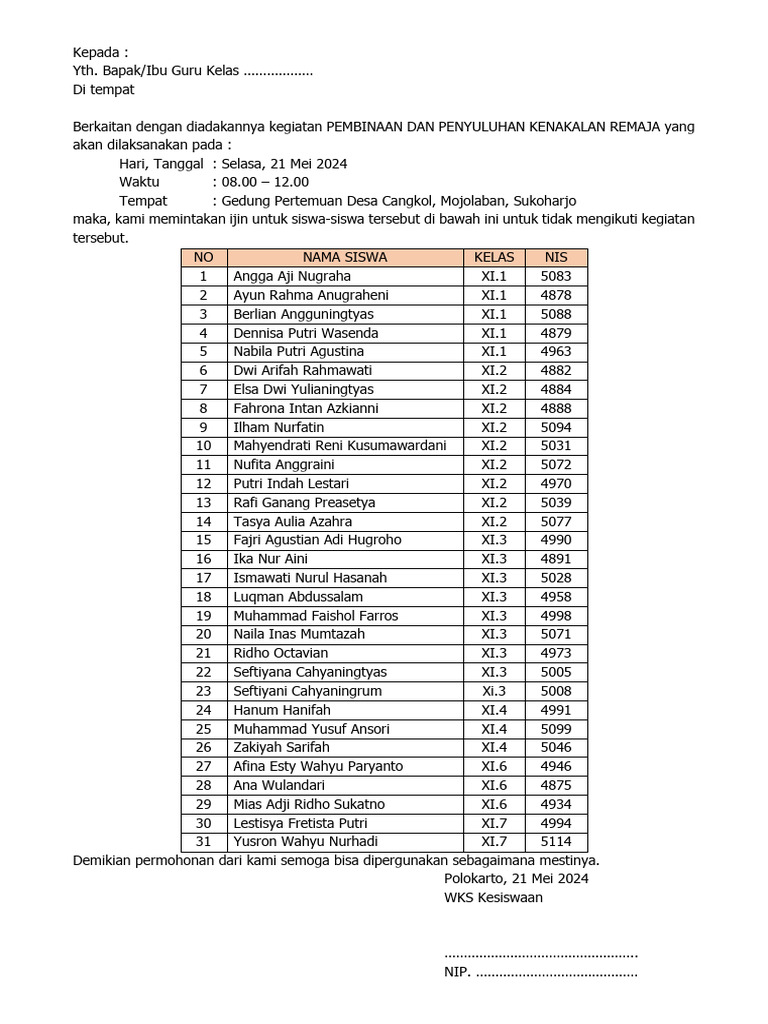 Izin Siswa untuk Kegiatan Sekolah | PDF