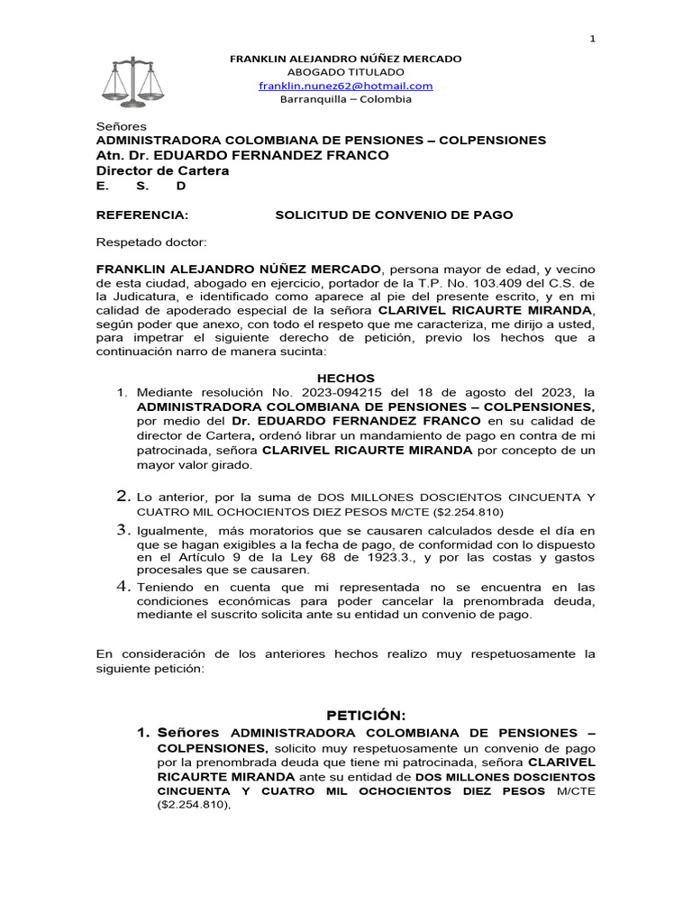 Solicitud de Convenio de Pago - Clarivel Ricaurte | PDF | Petición ...
