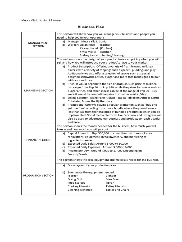 Simple Business Plan Example g12 Entrep | PDF | Kitchen | Kitchen Utensil