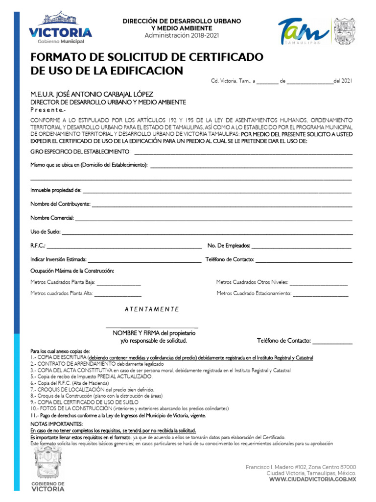 Formato Solicitud Certificado Uso de La Edificacion.2021 | PDF