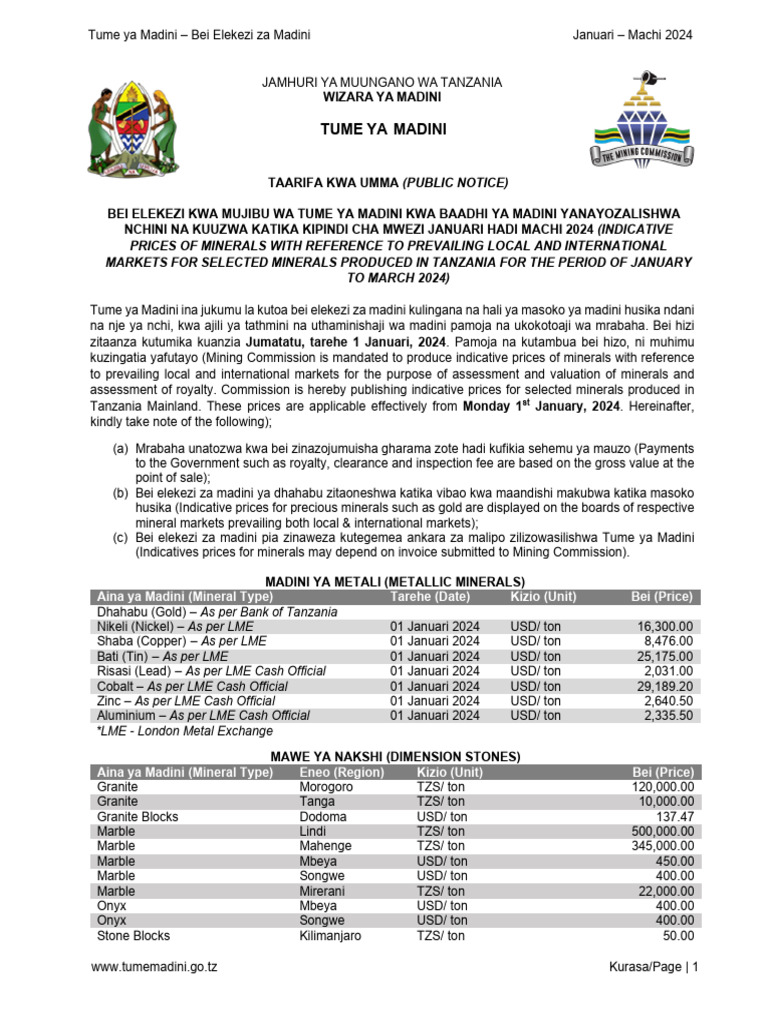 Bei Elekezi za Madini Tanzania 2024 | PDF | Natural Materials | Mineralogy