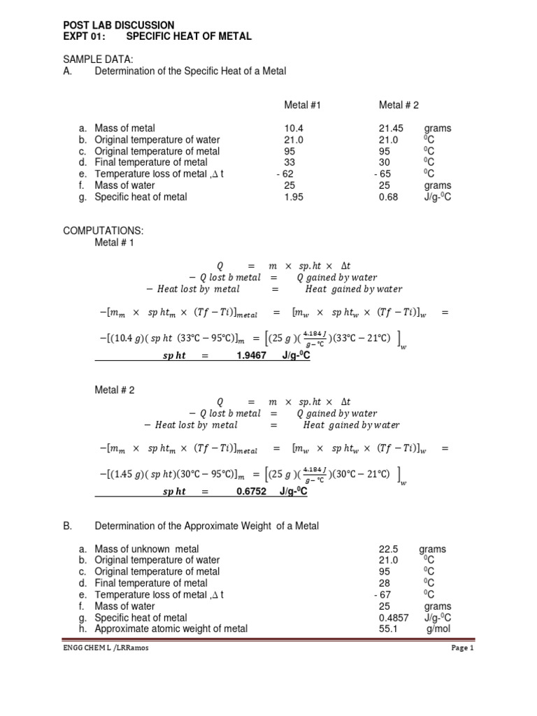 EX1 Specific Heat of metal | PDF | Mole (Unit) | Scientific Phenomena