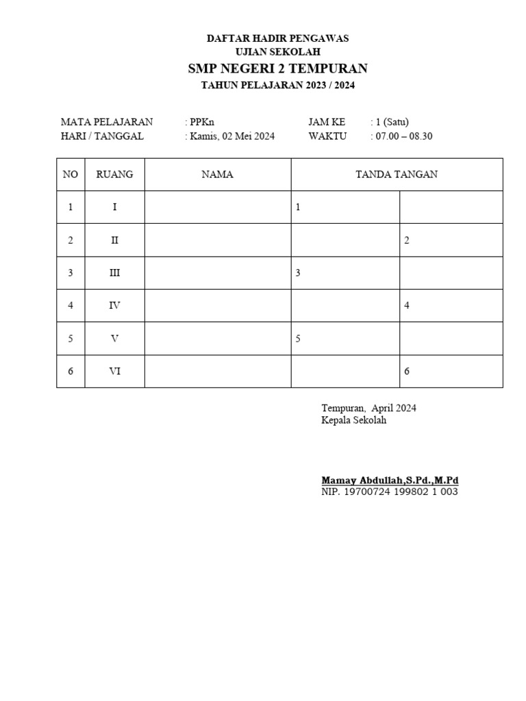Daftar Hadir Pengawas Us 2023 | PDF