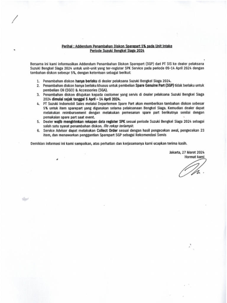Surat Addendum Penambahan Diskon Sparepart Periode Suzuki Bengkel Siaga ...