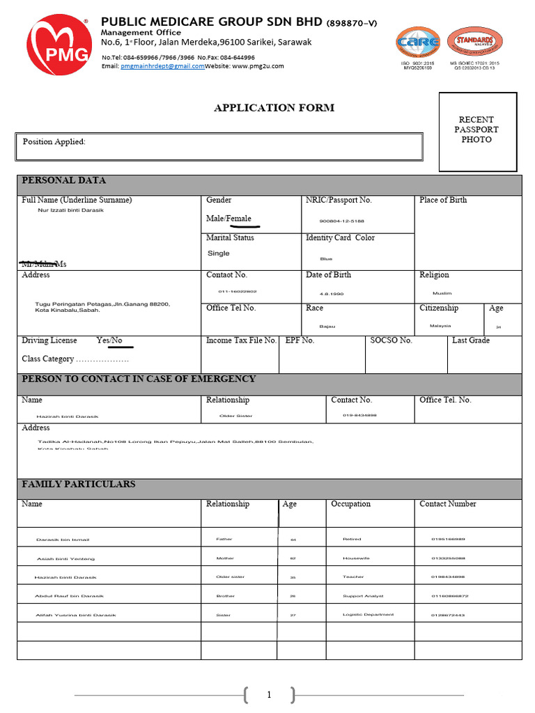 Job Application Form - PMG | PDF | Malaysia