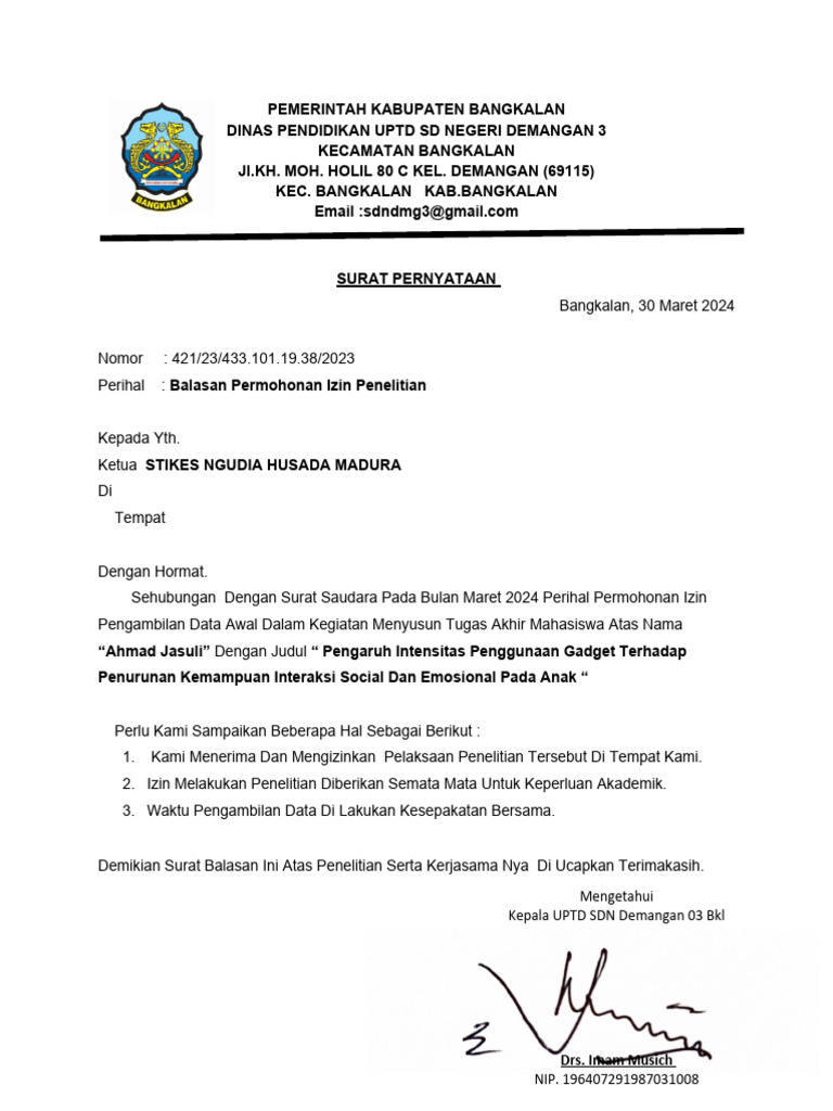 Surat Balasan Penelitian | PDF