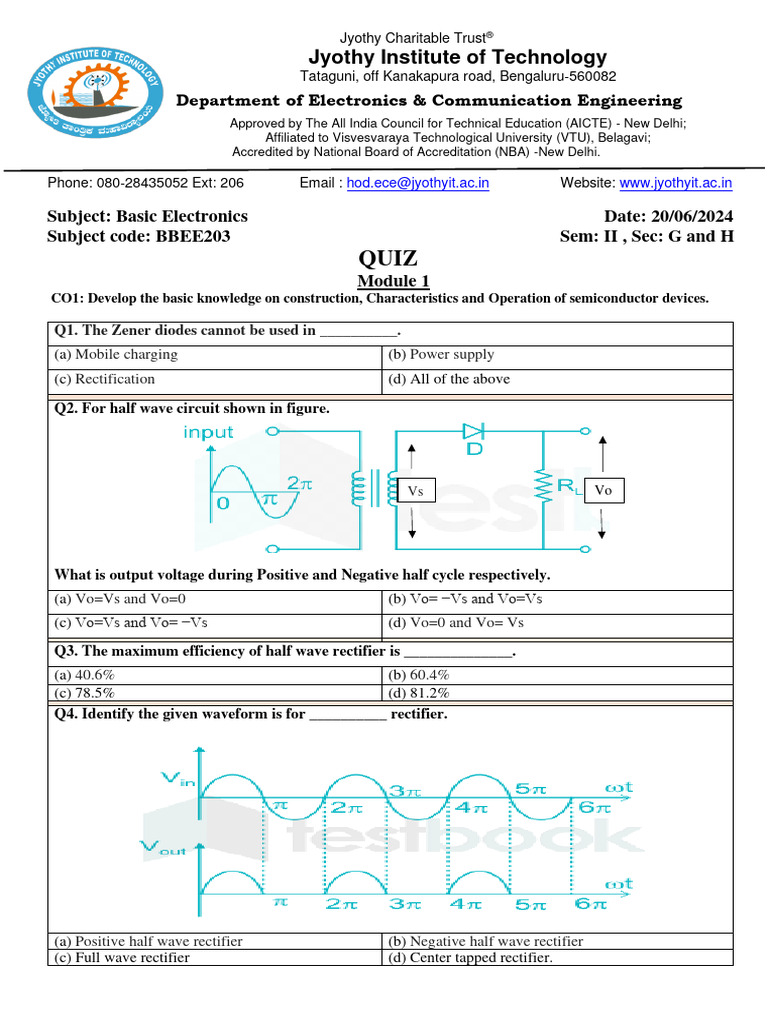 Quiz Bbee203!23!24 Even | PDF | Rectifier | Operational Amplifier