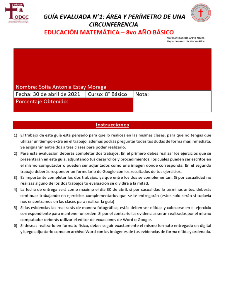 SOFÍA ANTONIA ESTAY - Guía Evaluada N°1 - Área y Perímetro de Una Circunferencia | PDF ...