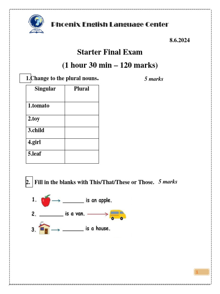 Starter Level-1 Final Exam | PDF | English Language | Plural