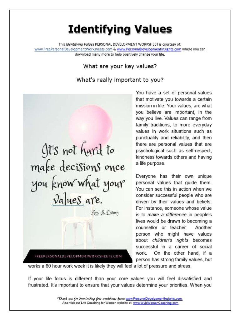Personal Development Worksheet-Identifying-Values CarmenWyld PDI | PDF | Happiness | Psychology