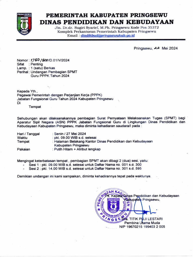 Undangan Pembagian SPMT PPPK Guru 2024 | PDF