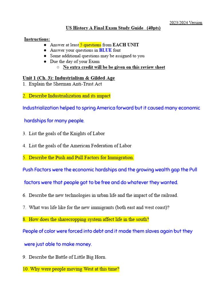US History A Final Exam Study Guide | PDF | World War I | New Deal