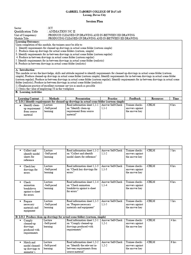 Session Plan Animation NC II | PDF | Drawing | Pencil