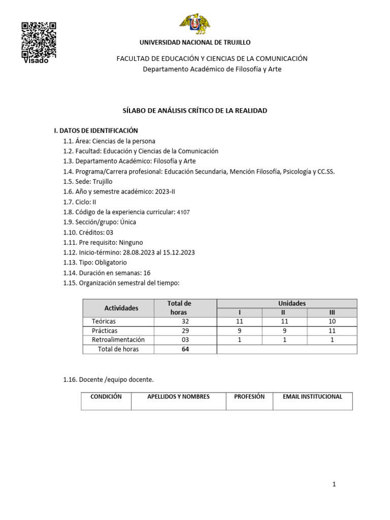 2 Fil Sílabo Análisis Crítico De La Realidad Pdf Evaluación