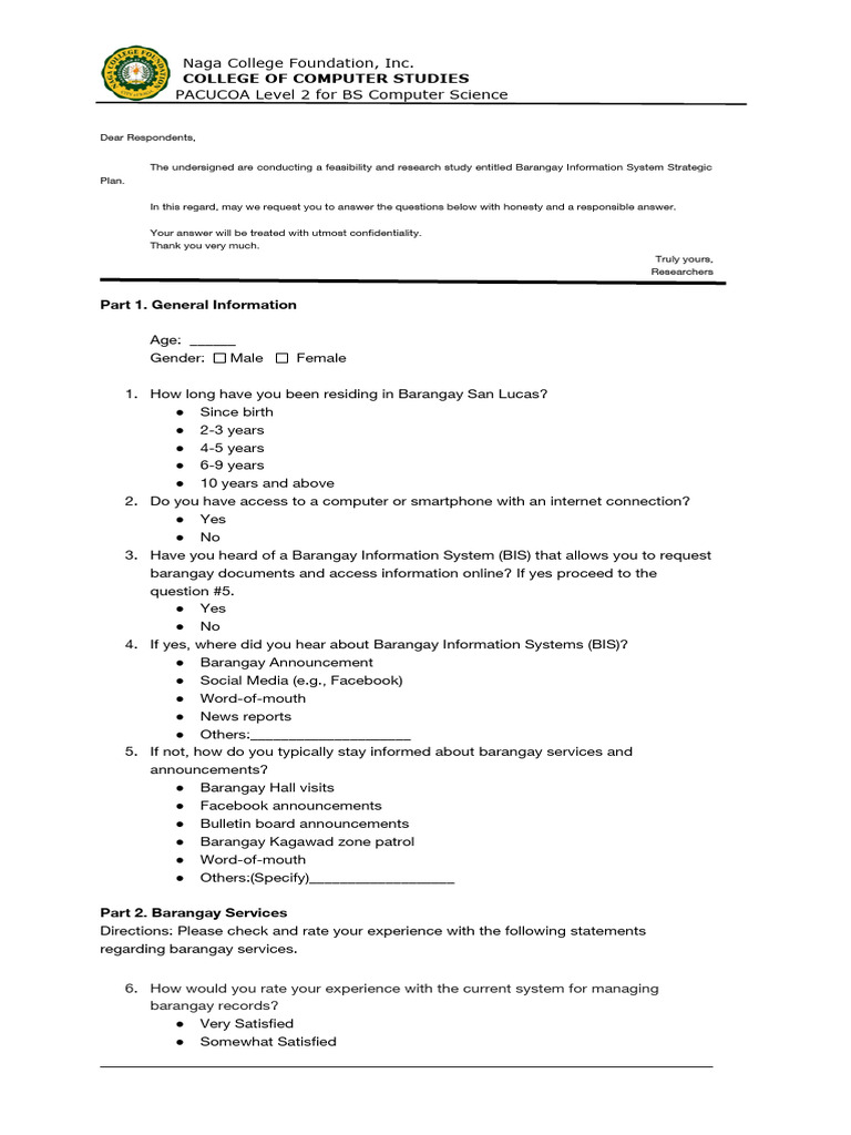 Survey Questionnaire for Barangay Residents | PDF