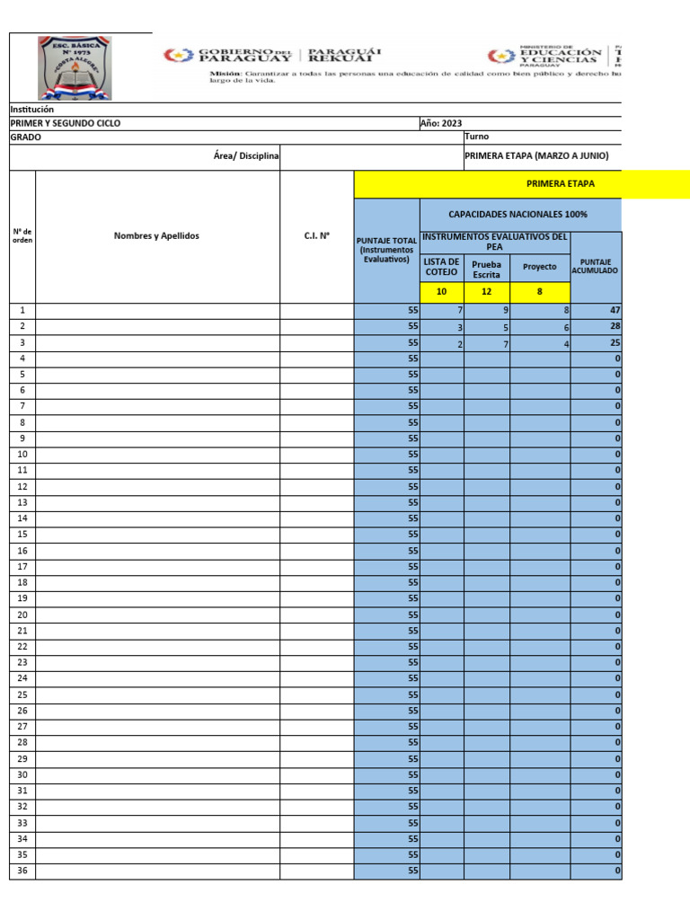 1° y 2° CICLO - Planilla de Calificación 2024-1 | PDF