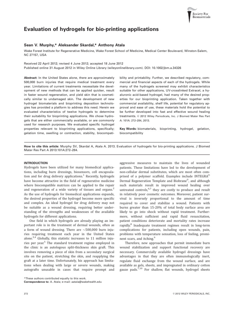 Eval of Hydrogels For Bio-Printing Applications | PDF | Tissue Engineering | Wound Healing
