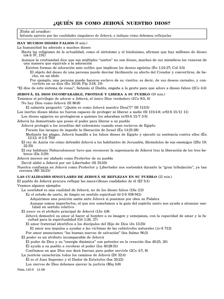 ¿Qui en Es Como Jehov A Nuestro Dios?: Nota Al Orador | Descargar gratis PDF | Dios ...