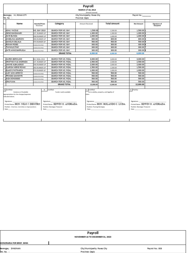 Barangay Payroll and Prize Distribution | PDF | Payroll Tax | Wages And ...