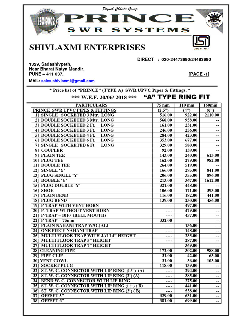 Prince SWR UPVC Pipes Price List 2025 | PDF | Pipe (Fluid Conveyance ...