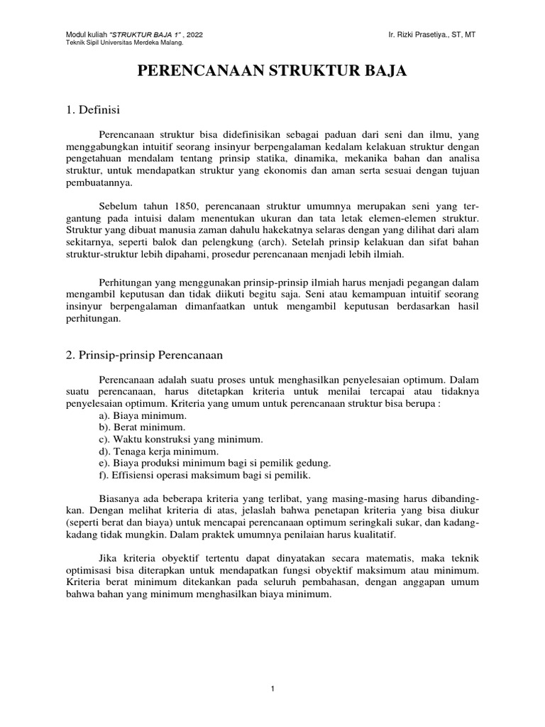 Modul 2 Perencanaan Struktur Baja 1... Ir. Rizki Prasetiya, ST., MT | PDF