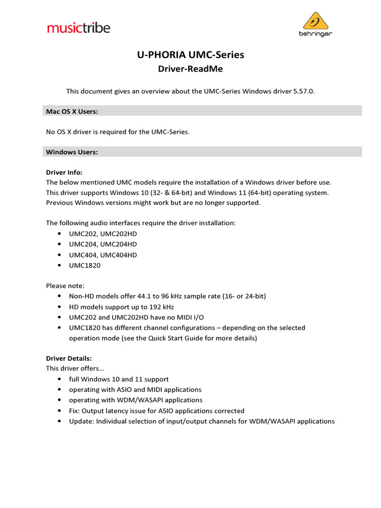 Behringer Umc Driver-Readme 2023-05-22 | PDF | Computers