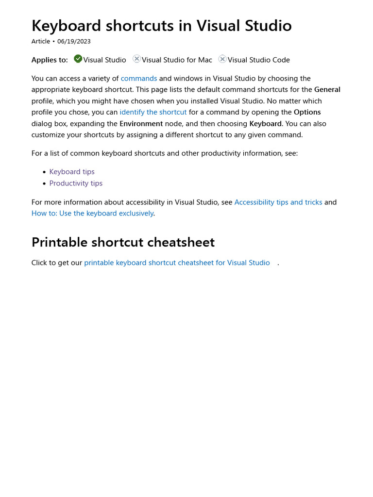Visual Studio Keyboard Shortcuts by Microsoft Learn | PDF | Microsoft Sql Server | Debugging