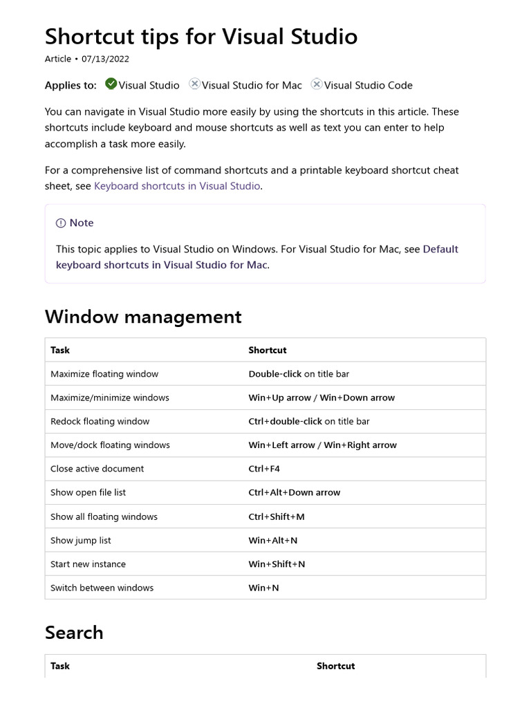 Visual Studio Shortcut Guide | PDF | Computing | Software