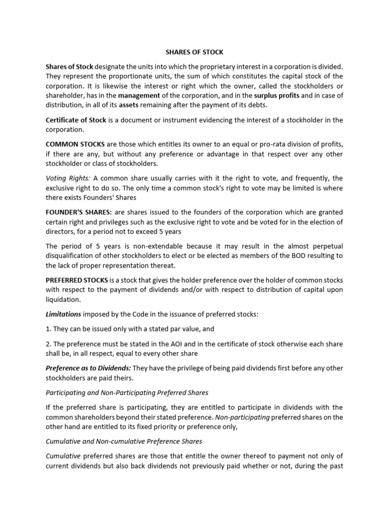 Law On Corporation Summary Part 4 | PDF | Preferred Stock | Stocks