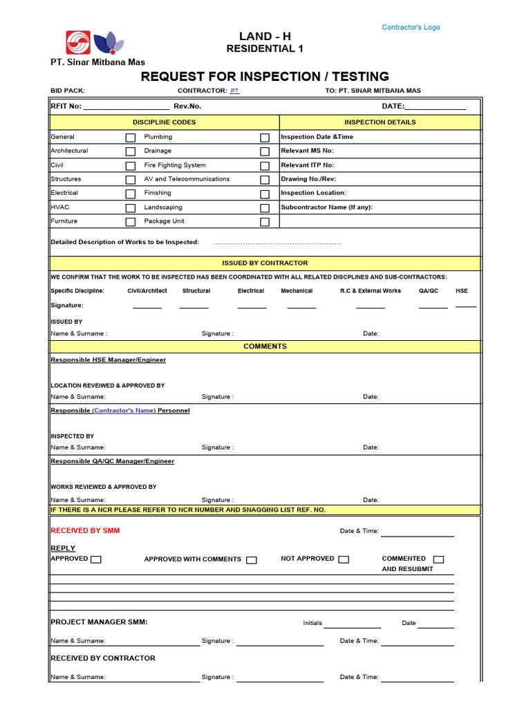 Contractor Inspection Request Form | PDF | Engineering