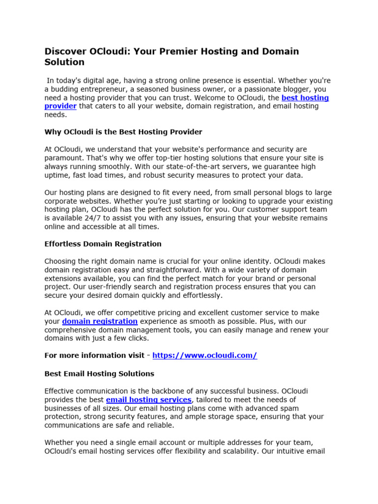 Discover OCloudi Your Premier Hosting and Domain Solution | PDF | Usability | Cyberspace