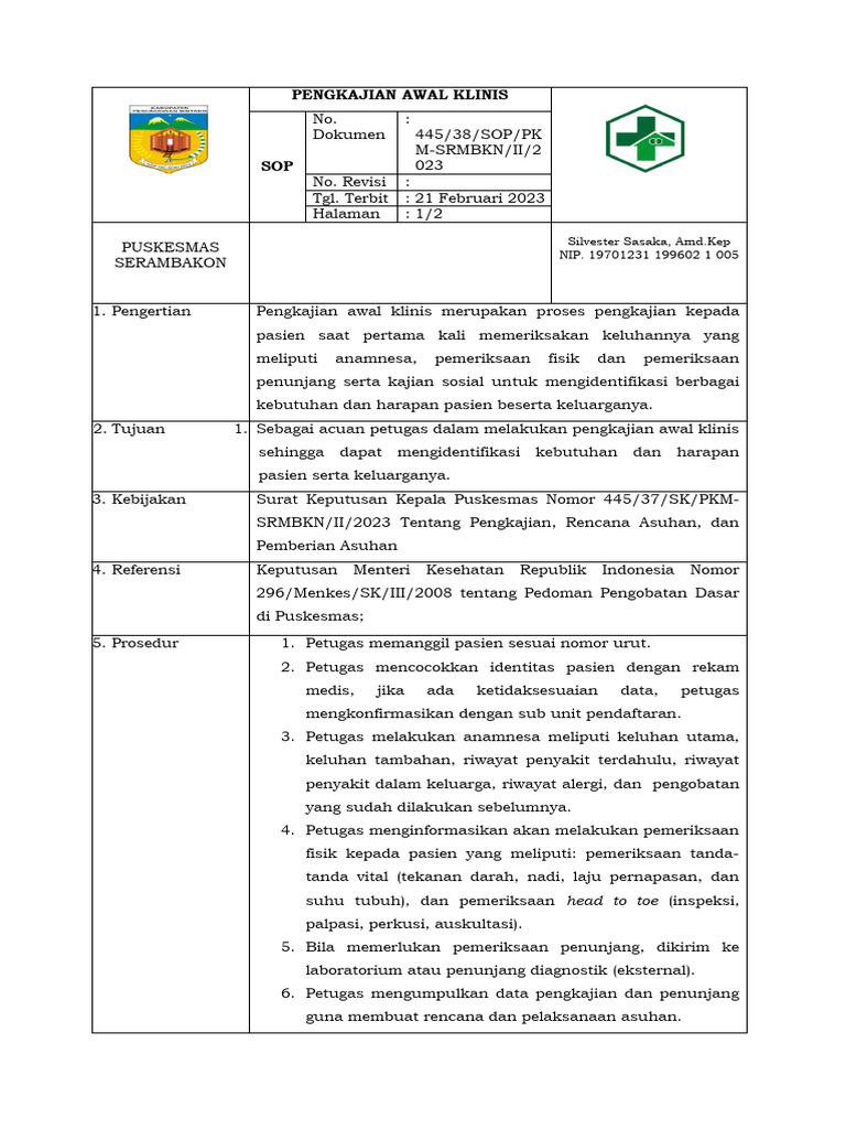 SOP Pengkajian Awal Klinis | PDF