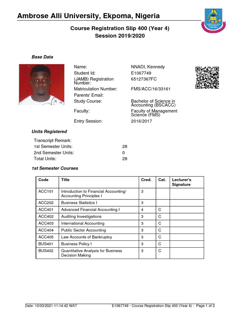 Ambrose Alli University Course Slip 2021 | PDF | Accounting