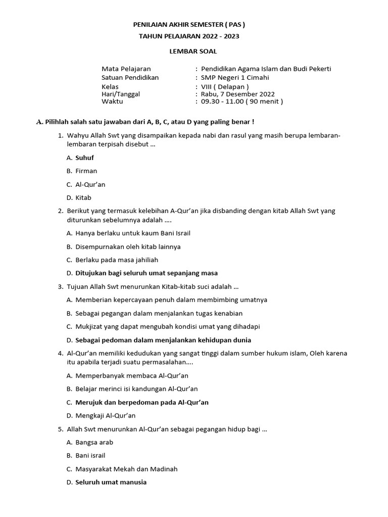 Soal Pas Pai BP Kelas 8 Tahun 2022-2023 | PDF