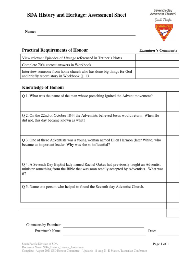 SDA History Honour Assessment | PDF