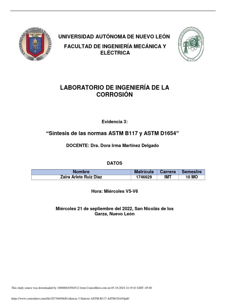 Evidencia 3 Sintesis ASTM B117 ASTM D1654 PDF | PDF | Acero | Corrosión