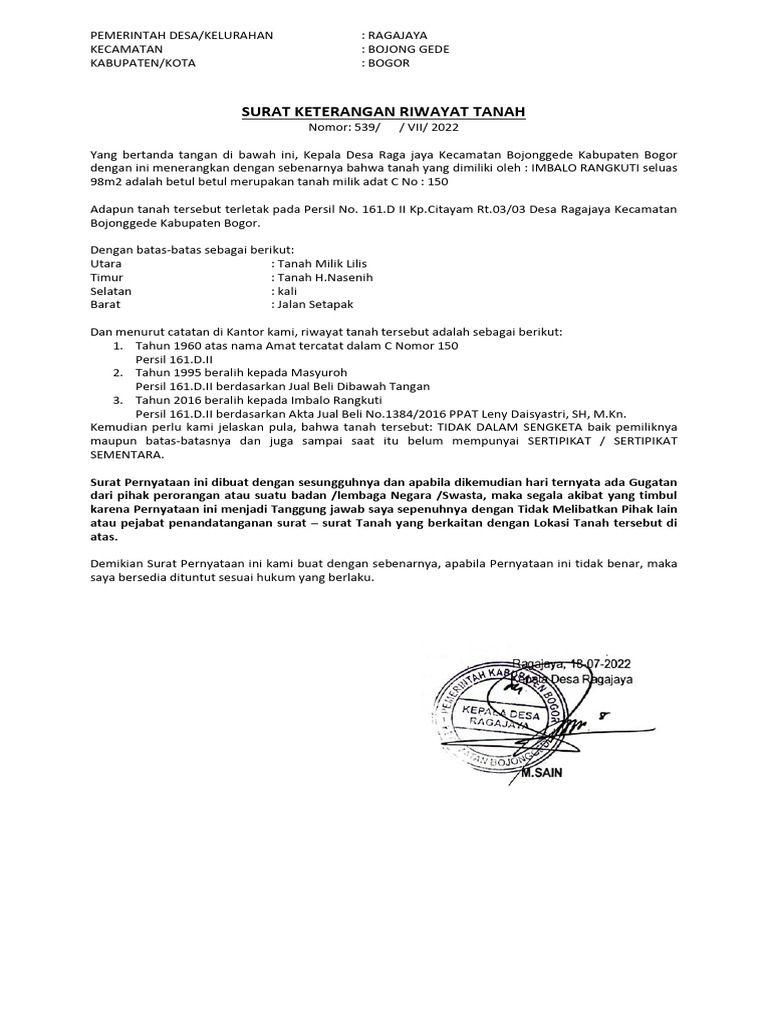 Surat Keterangan Riwayat Tanah | PDF
