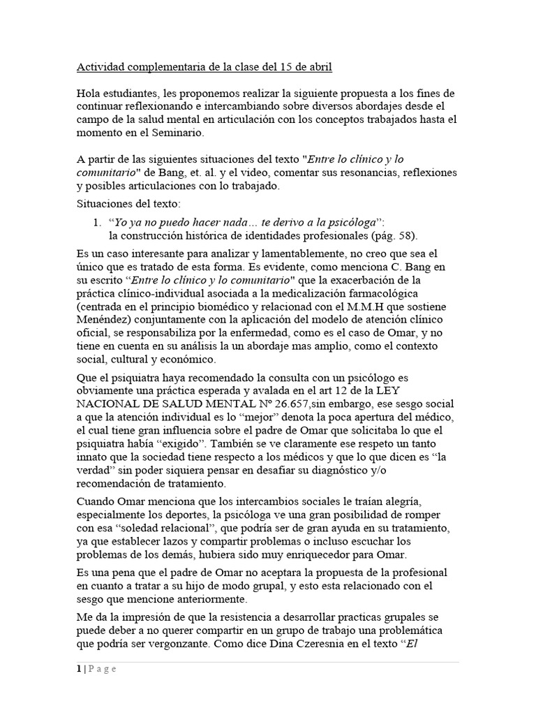 Actividad Complementaria - Clase 15 de Abril | PDF | Salud mental | Psiquiatría