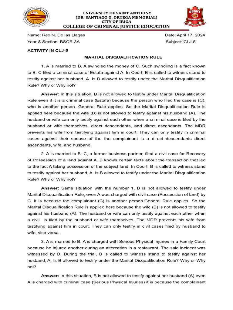 Rex N. de Las Llagas BSCR 3ACLJ 5 Activity 1 | PDF | Attorney–Client ...