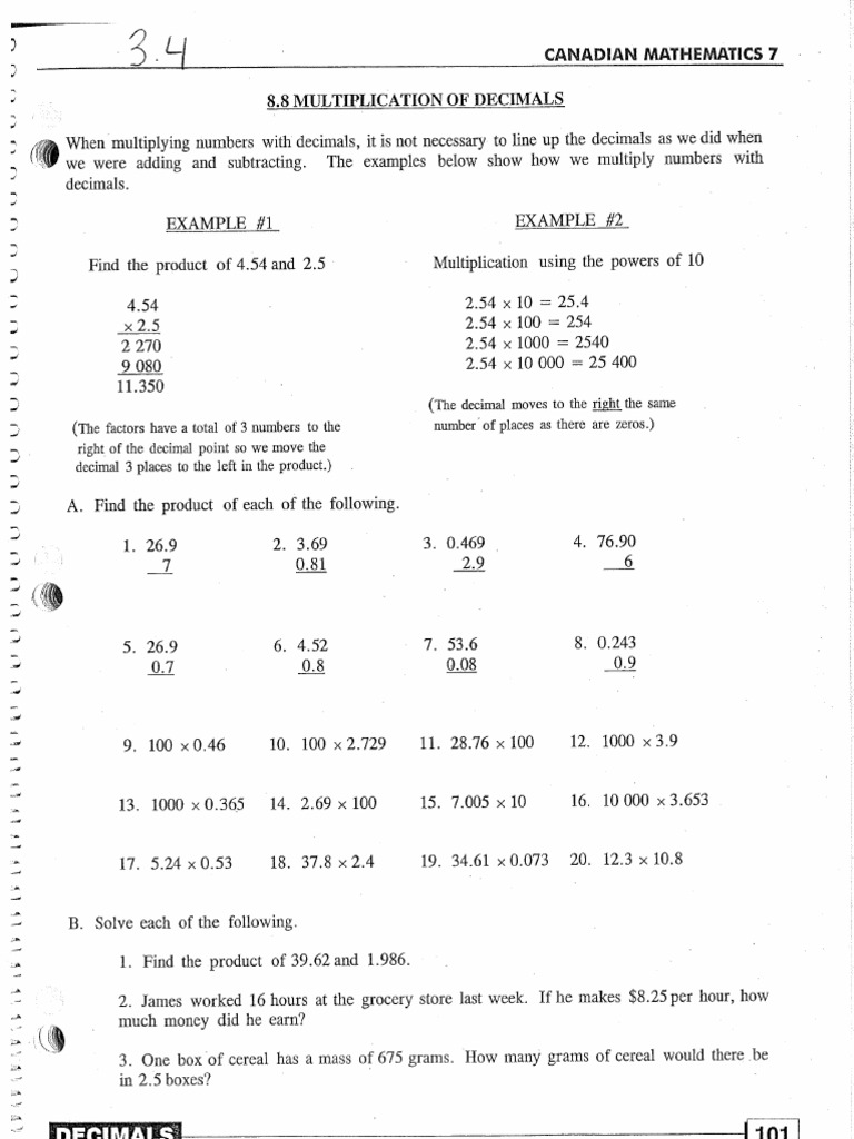 3.4 Multiplication of Decimals | PDF