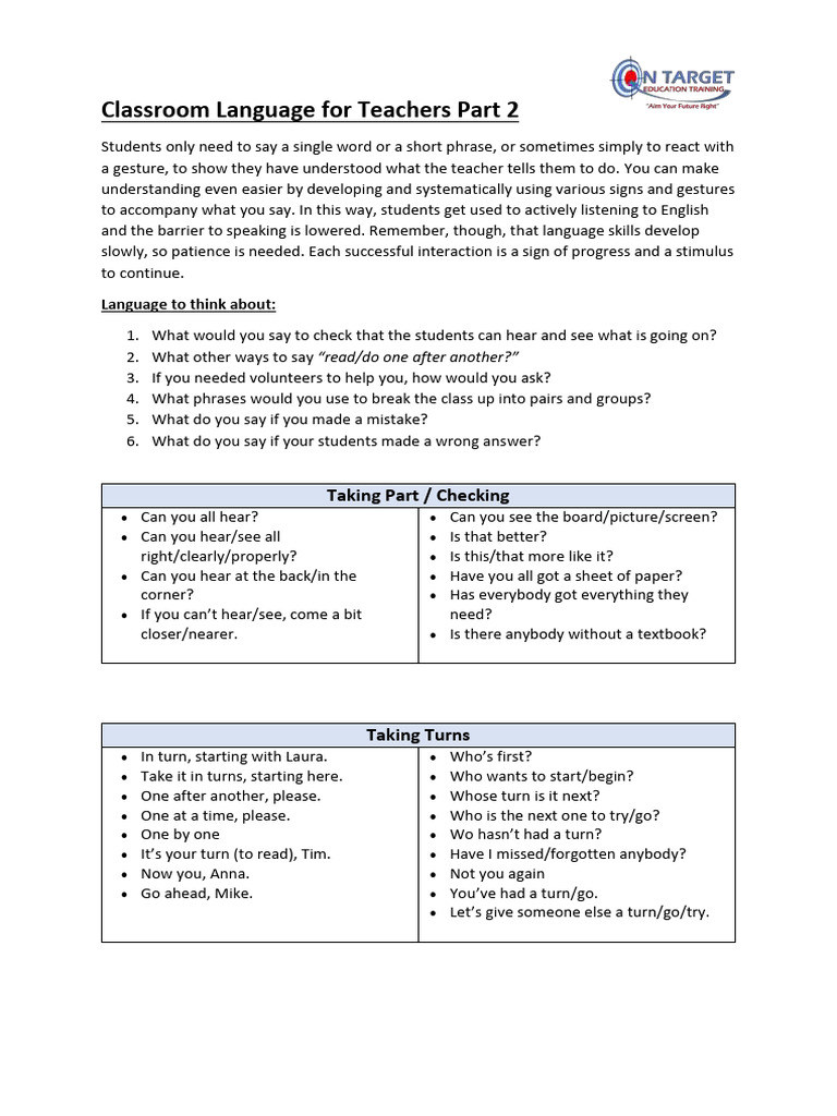 2 Classroom Language Worksheet | PDF | Human Communication